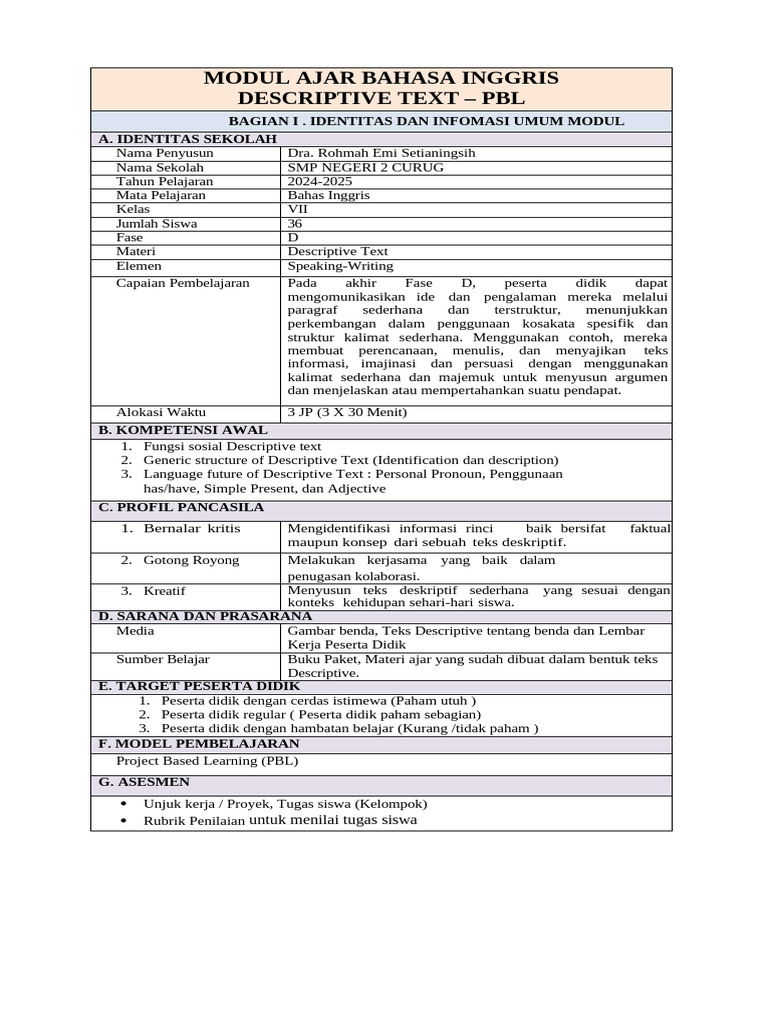 MODUL AJAR DESCRIPTIVE 7 Mom | PDF