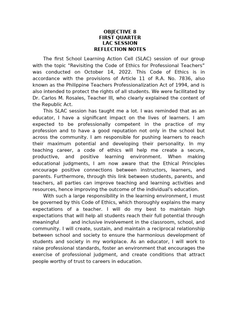 OBJECTIVE 8 Sample | PDF | Teachers | Learning