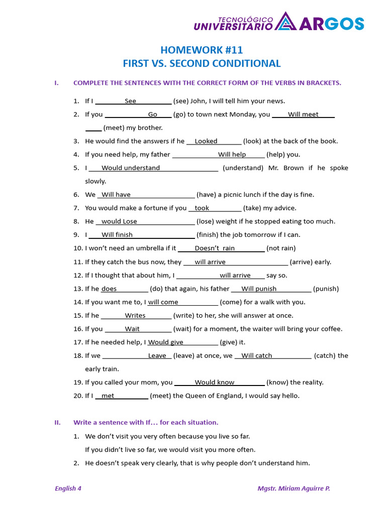 Homework #11 - First vs. Second Conditional | PDF