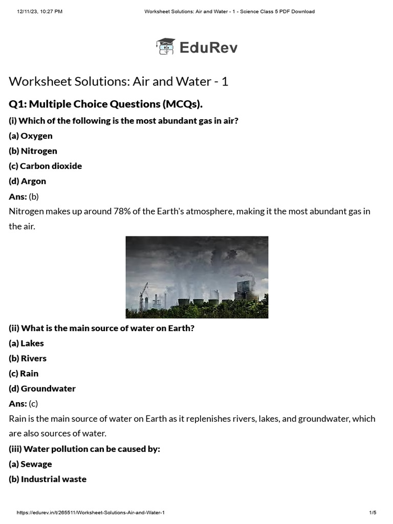 Worksheet Solutions - Air and Water - 1 - Science Class 5 PDF Download | PDF | Water ...