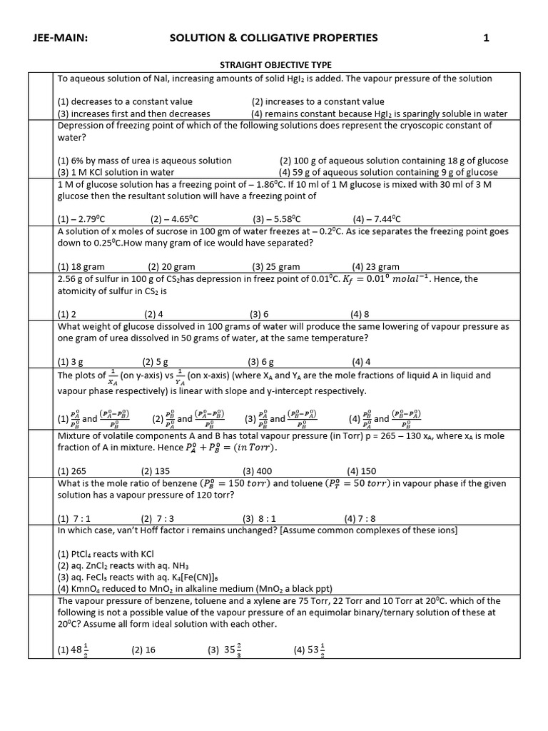JEE-MAIN_SOLUTION COLLIGATIVE PROPERTIES (1) | PDF | Water | Distillation