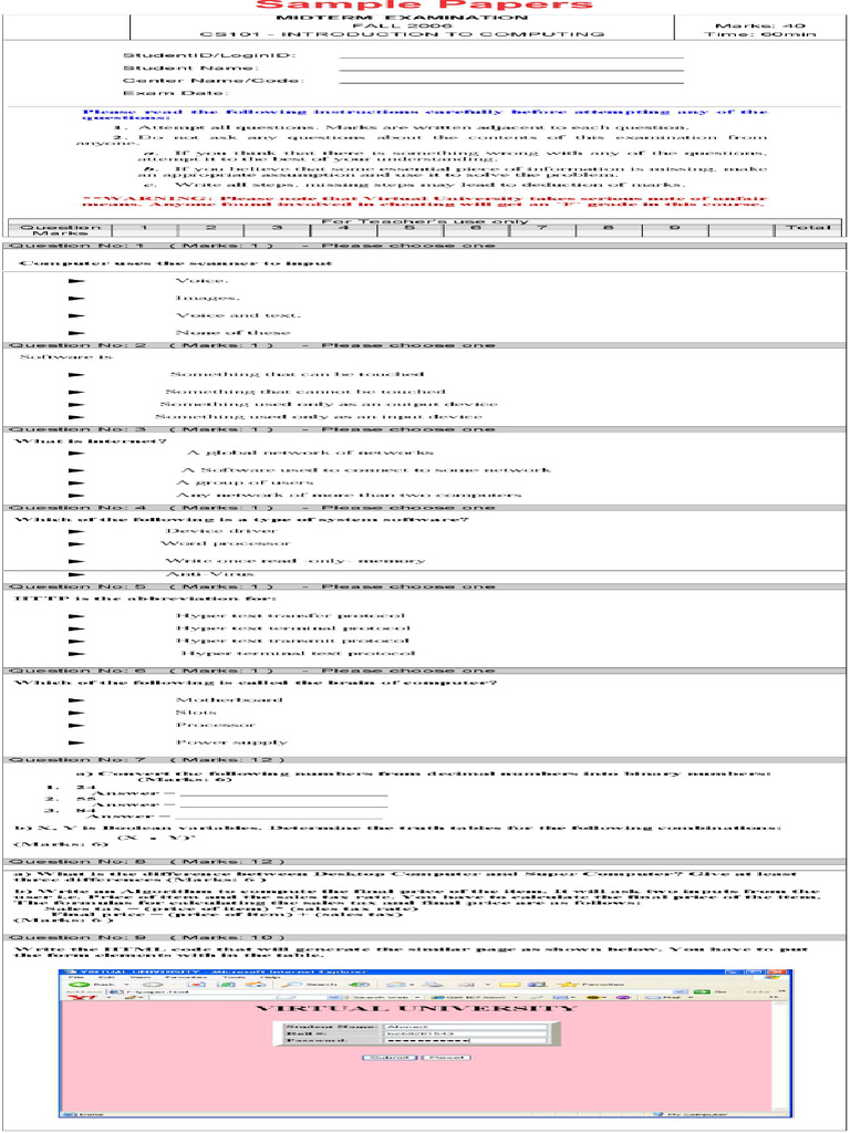 CS101 Introudction To Computing BSC Computer Science VU University Past ...