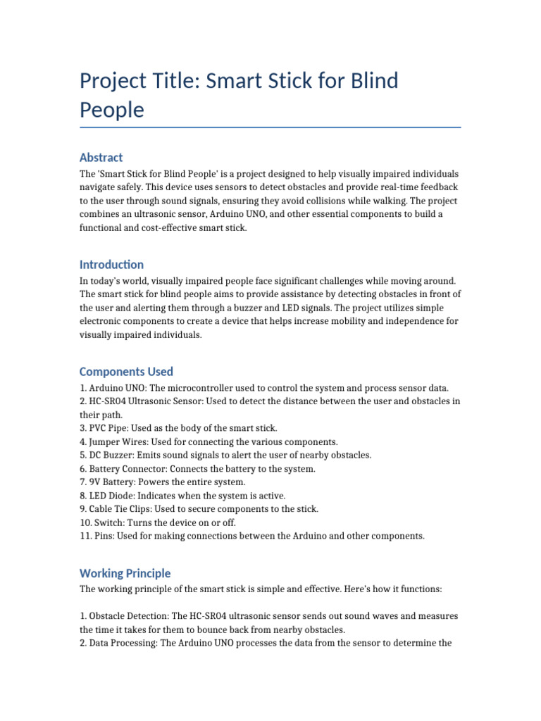 Smart Stick For Blind People Project Report | PDF | Visual Impairment ...