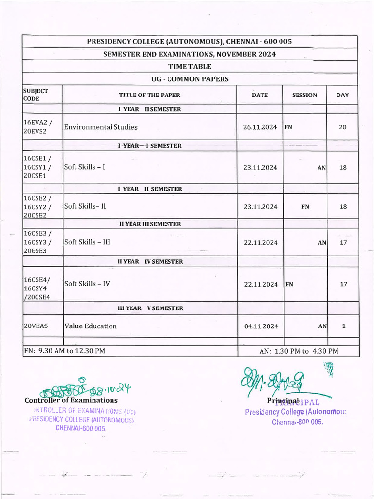 Time Table - Novemebr 2024 Semester PDF | PDF