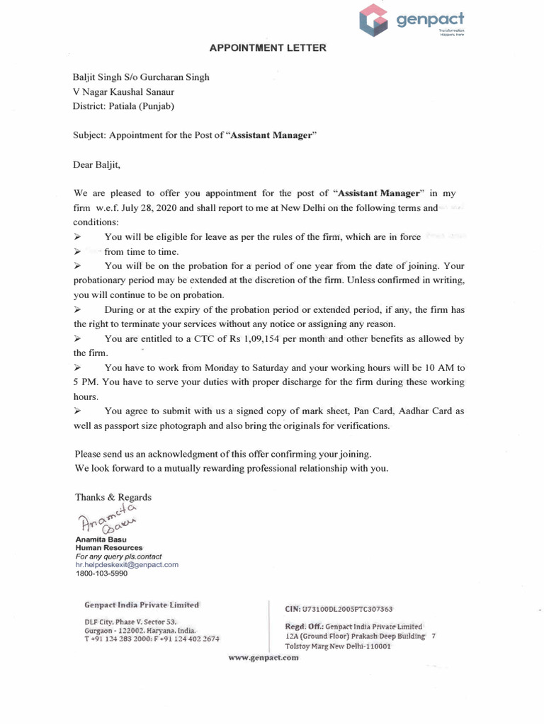 Appointment Letter | PDF