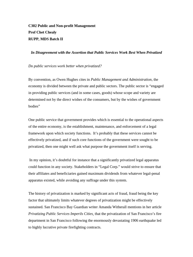 In Disagreement with the Assertion that Public Services Work Better When Privatized | PDF ...