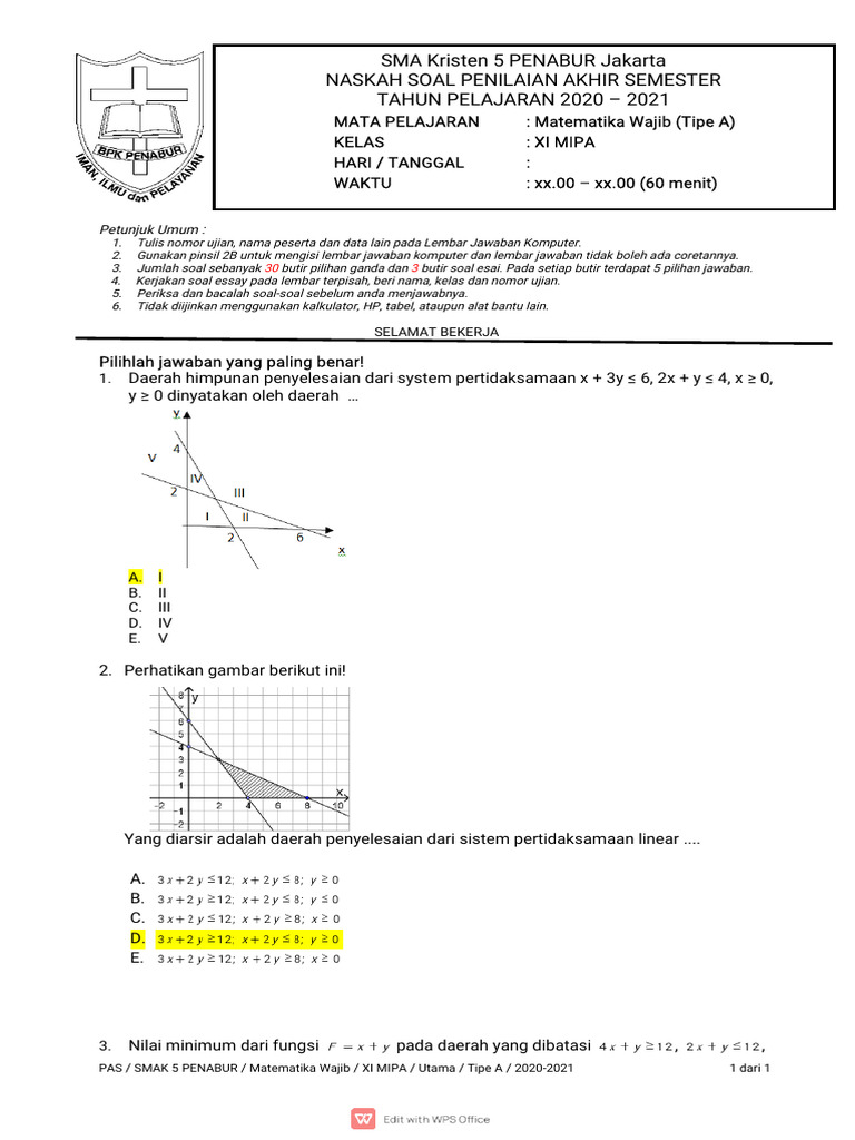 Uas Mat (W) Xi Mipa Semester 1 2020-2021 Tipe A | PDF