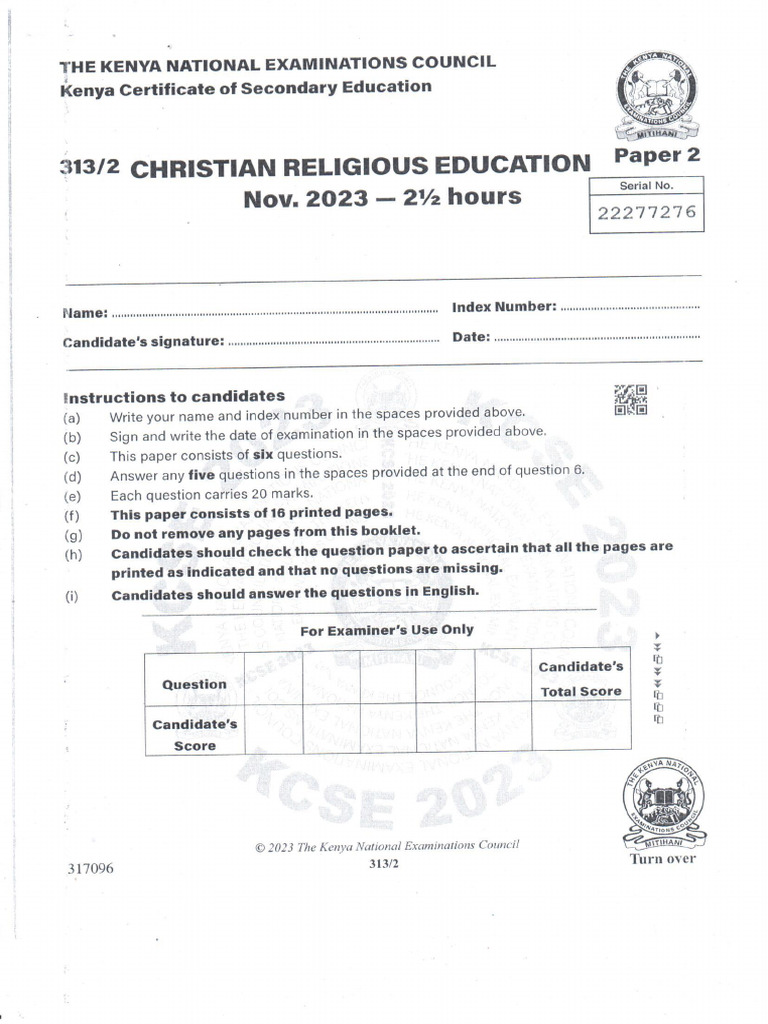 2023 KCSE PAPER 2 - Attempt Question 1,2&3 Assignments - Form 2 - C.R.E. | PDF