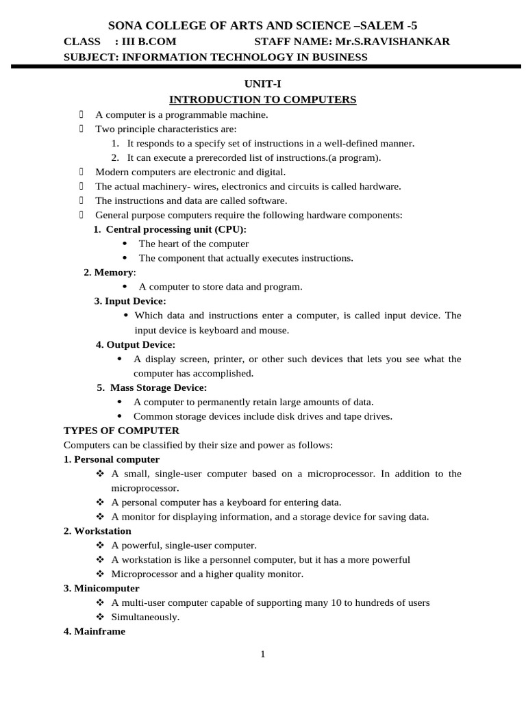 ITandBUSSINES III BCOM - Unit - I | PDF | Printer (Computing) | Image ...