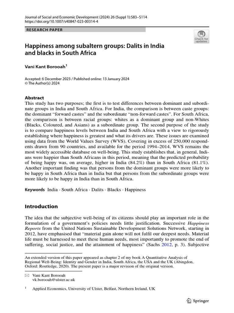Happiness Among Subaltern Groups Dalits in India and Blacks in South ...