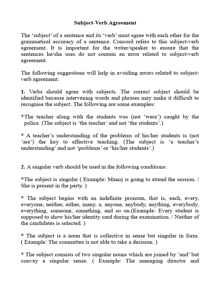 Subject verb agreement | PDF | Subject (Grammar) | Grammatical Number