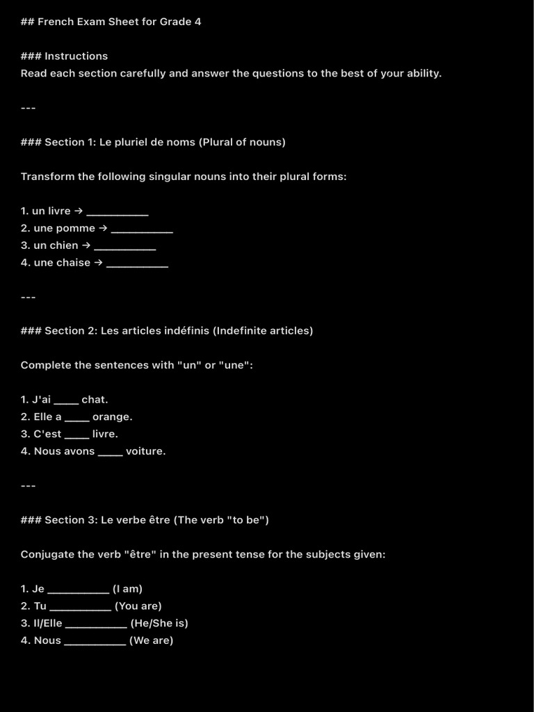Grade 4 French Exam Sheet | PDF