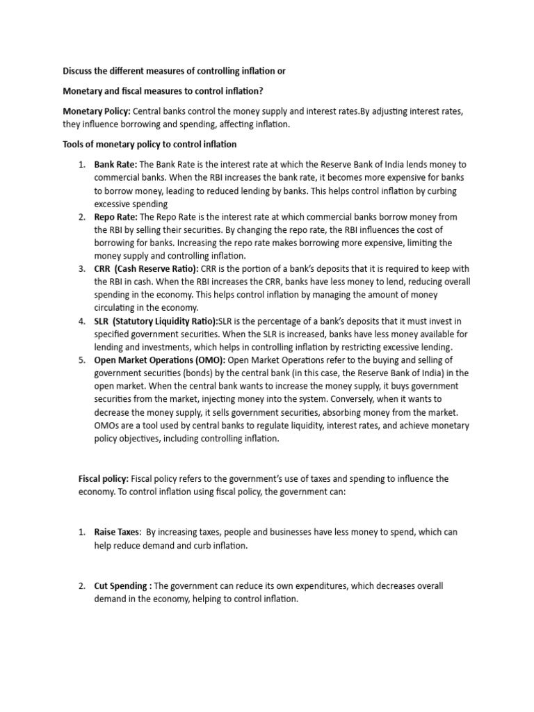 Fiscal and monetary measures to control inflation | PDF | Reserve Bank ...