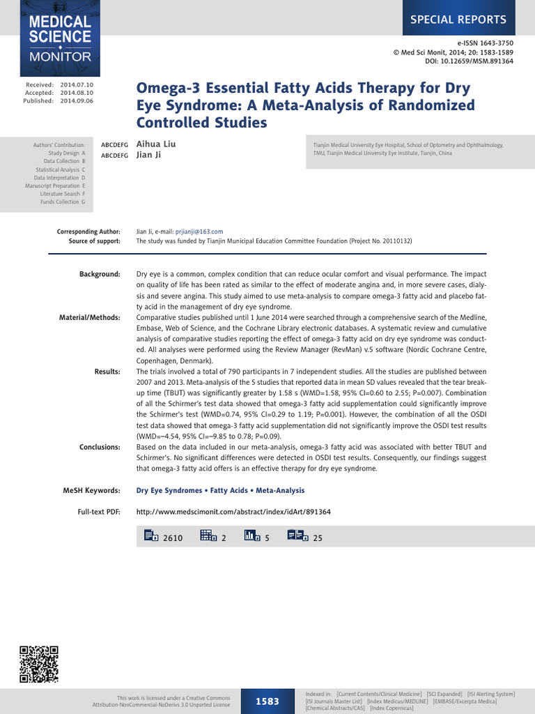 Omega-3 Essential Fatty Acids Therapy For Dry Eye Syndrome | PDF