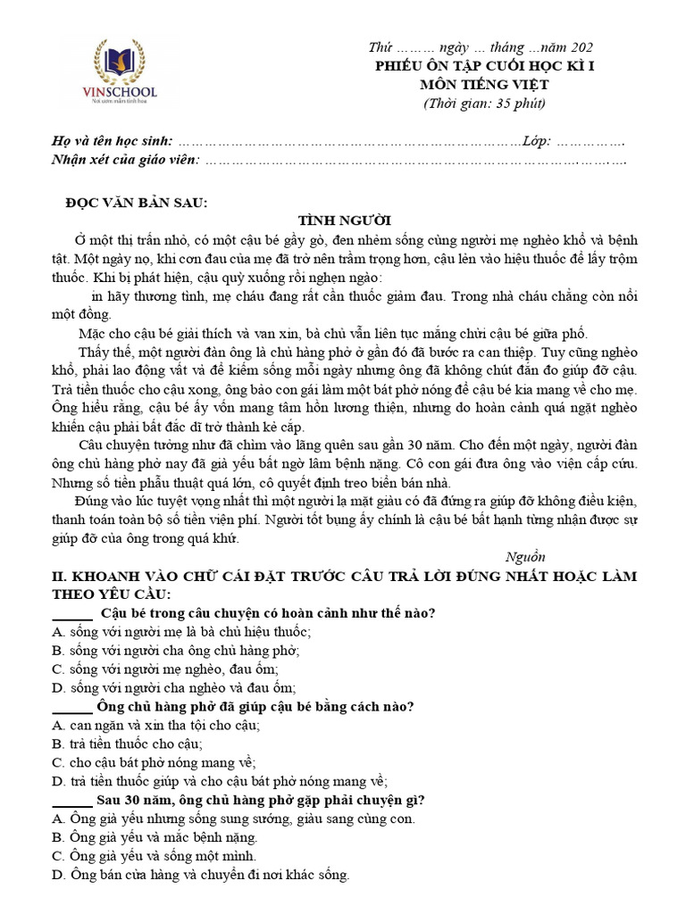 Tieng Viet Phieu On Chk1 Phieu 3 | PDF