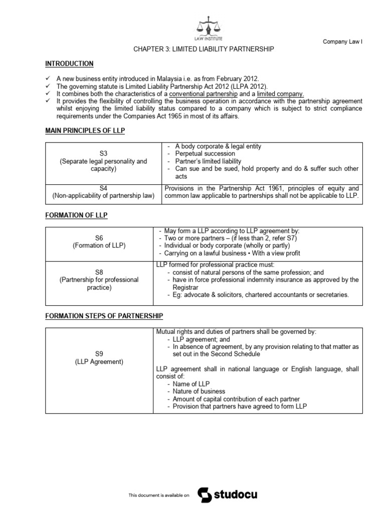 Company LAW - Chapter 3 - Limited Liability Partnership | PDF | Limited ...
