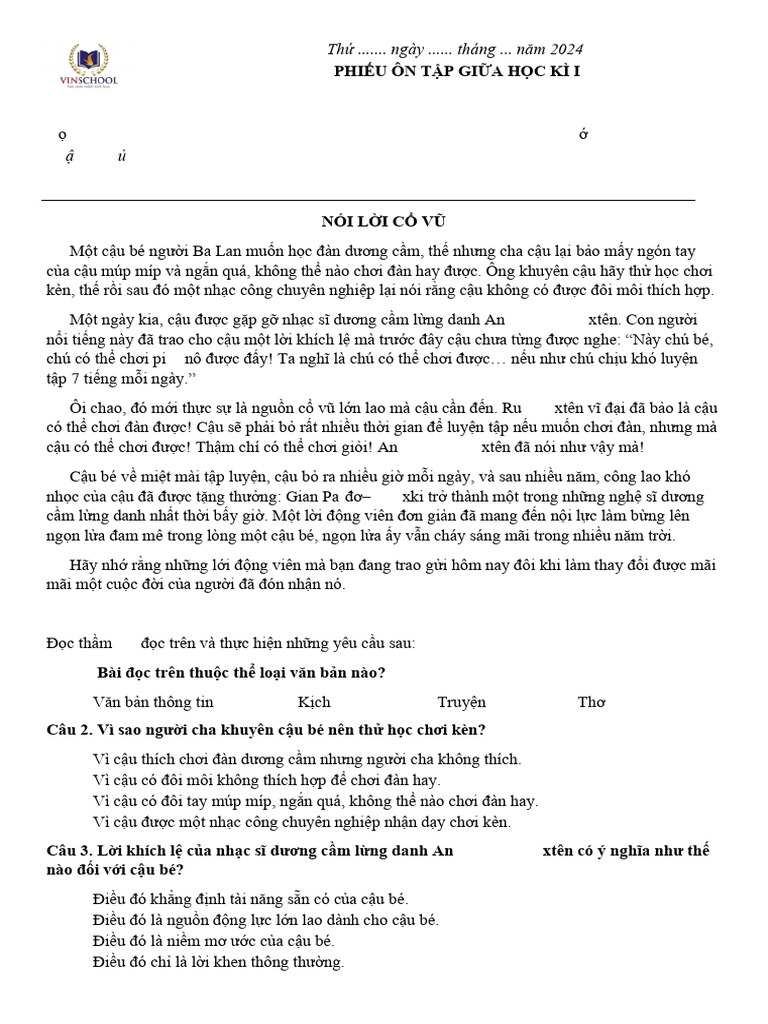 Phieu on Tap Giua Hoc Ki 1 | PDF