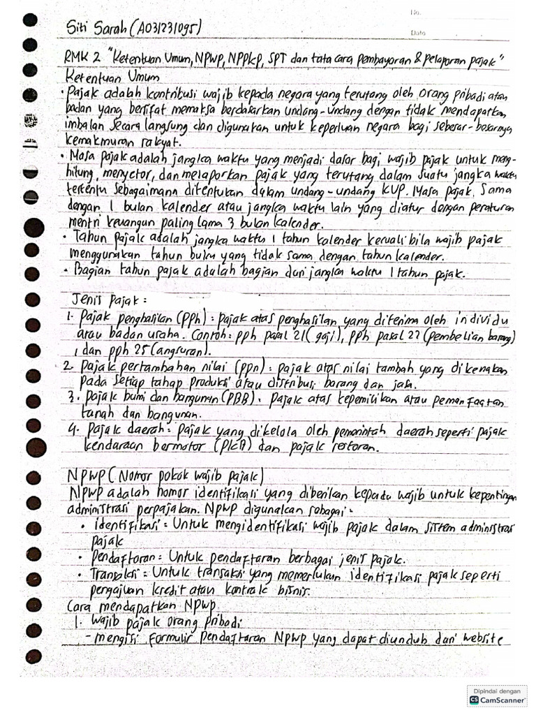 RMK 2 Siti Sarah A031231095 Ketentuan Umum, NPWP, NPPKP, SPT Dan-1 | PDF