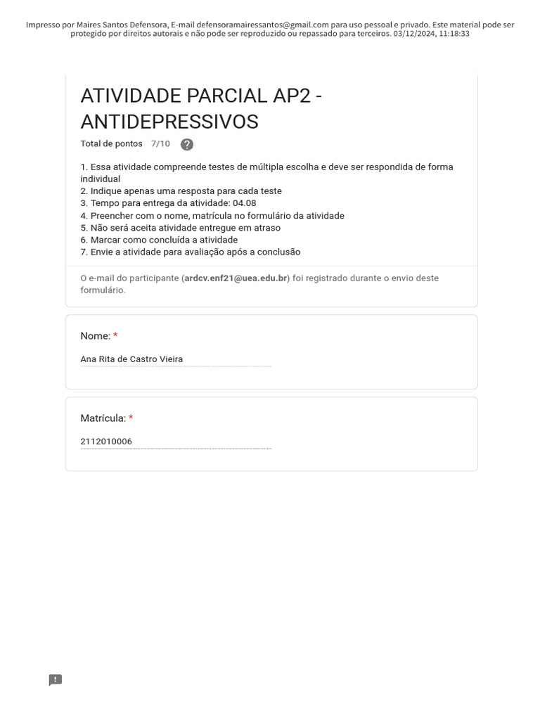 Atividade Parcial Ap2 - Antidepressivos _ Passei Direto | PDF | Depressão | Antidepressivo