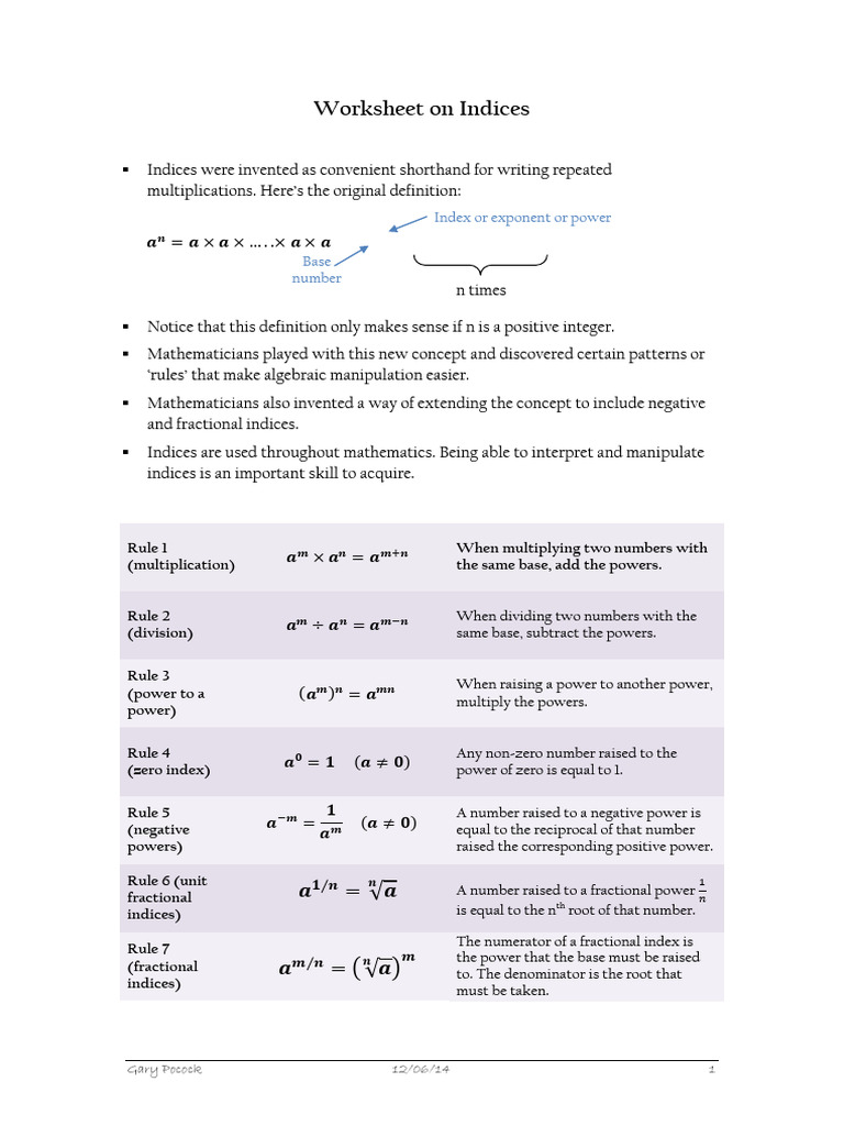 Pdfcoffee.com Worksheet on Indices PDF Free | PDF | Multiplication | Numbers
