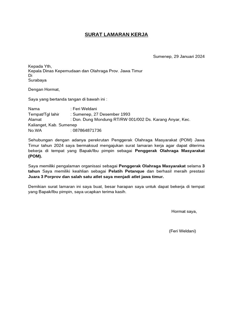 Contoh Surat Lamaran Kerja POM | PDF