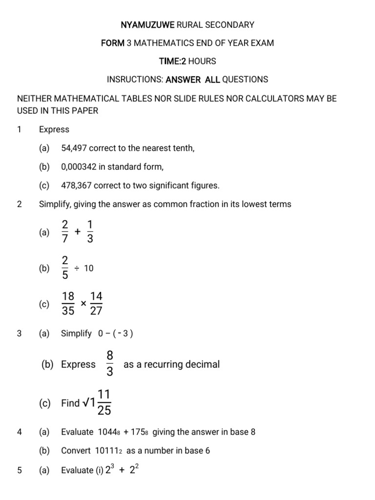 2024 Form 3 Maths End of Year Exam | PDF | Area | Matrix (Mathematics)