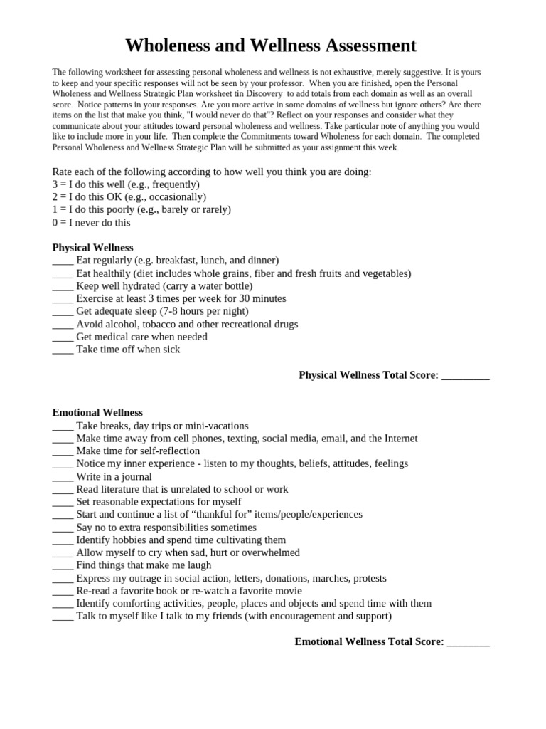 Wholeness and Wellness Assessment | PDF | Prayer | Psychology