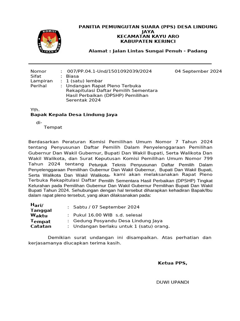 Undangan Rapat Pleno DPSHP 2024 | PDF