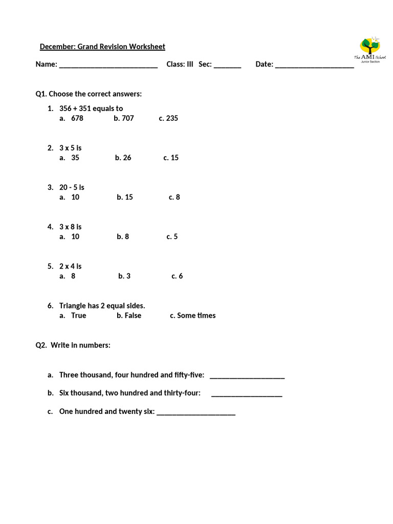 Grade 3 Math Revision Worksheet | PDF