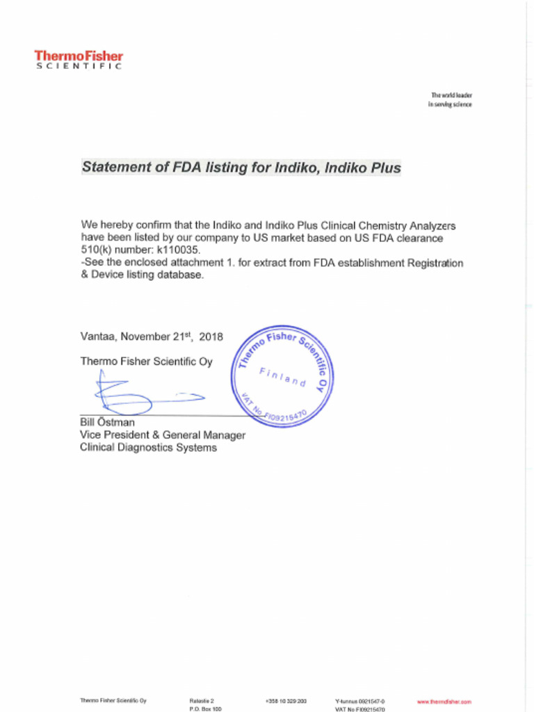 Statement_of_FDA_listing_Indiko,_Indiko_Plus_BÖ_signed[1] | PDF
