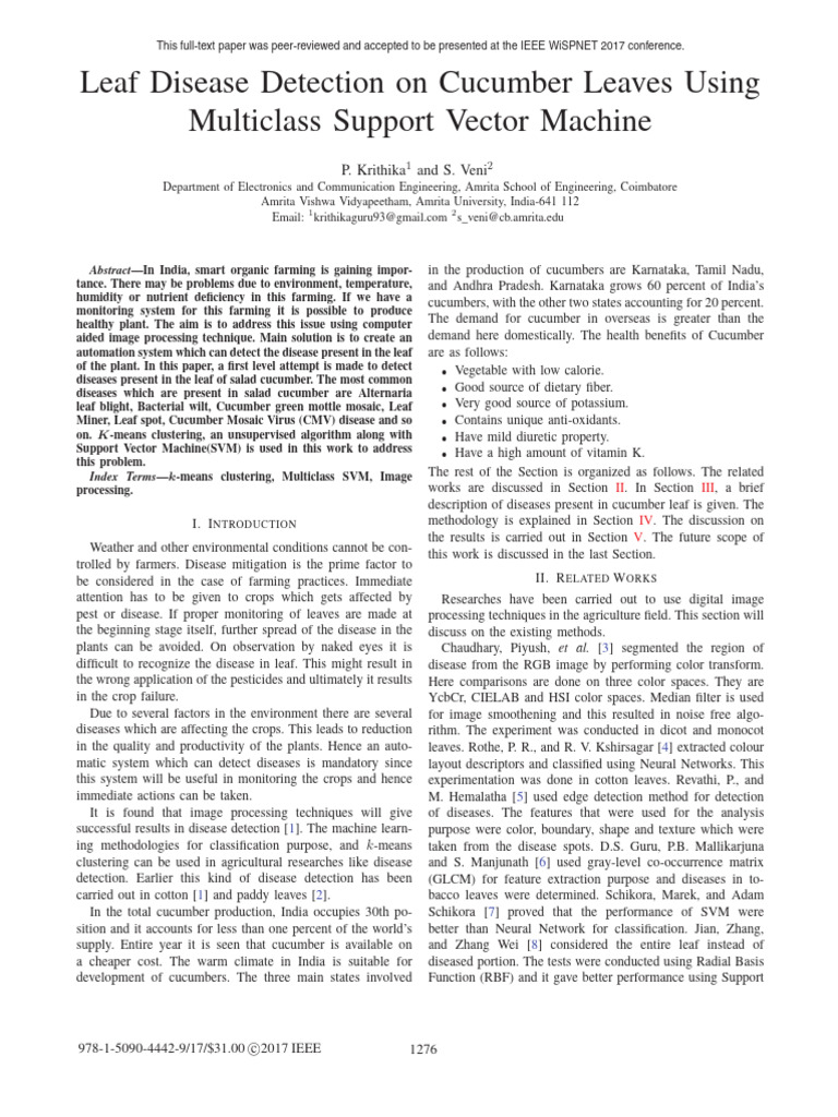 Leaf Disease Detection On Cucumber Leaves Using | PDF | Support Vector Machine | Cluster Analysis