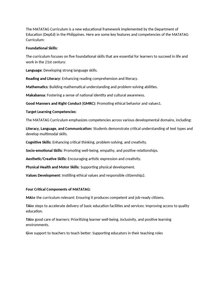 Core Standards of MATATAG Curriculum | PDF