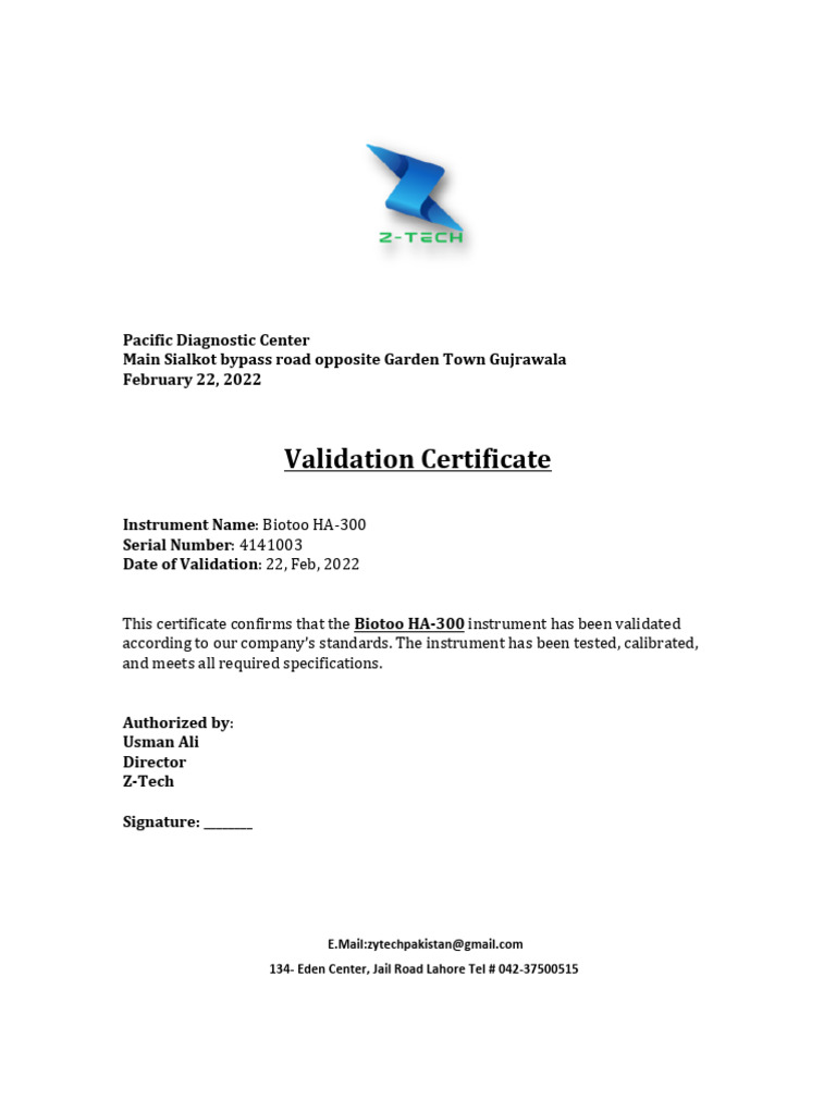 Validation Certificate for Biotoo HAH300 | PDF