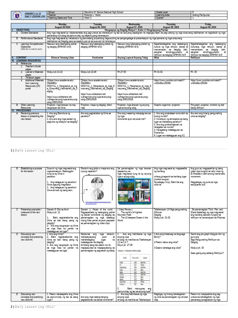 Daily Lesson Log Week 2 | PDF