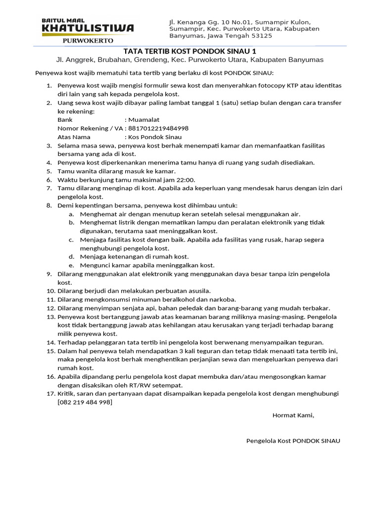 Contoh Peraturan Kost | PDF