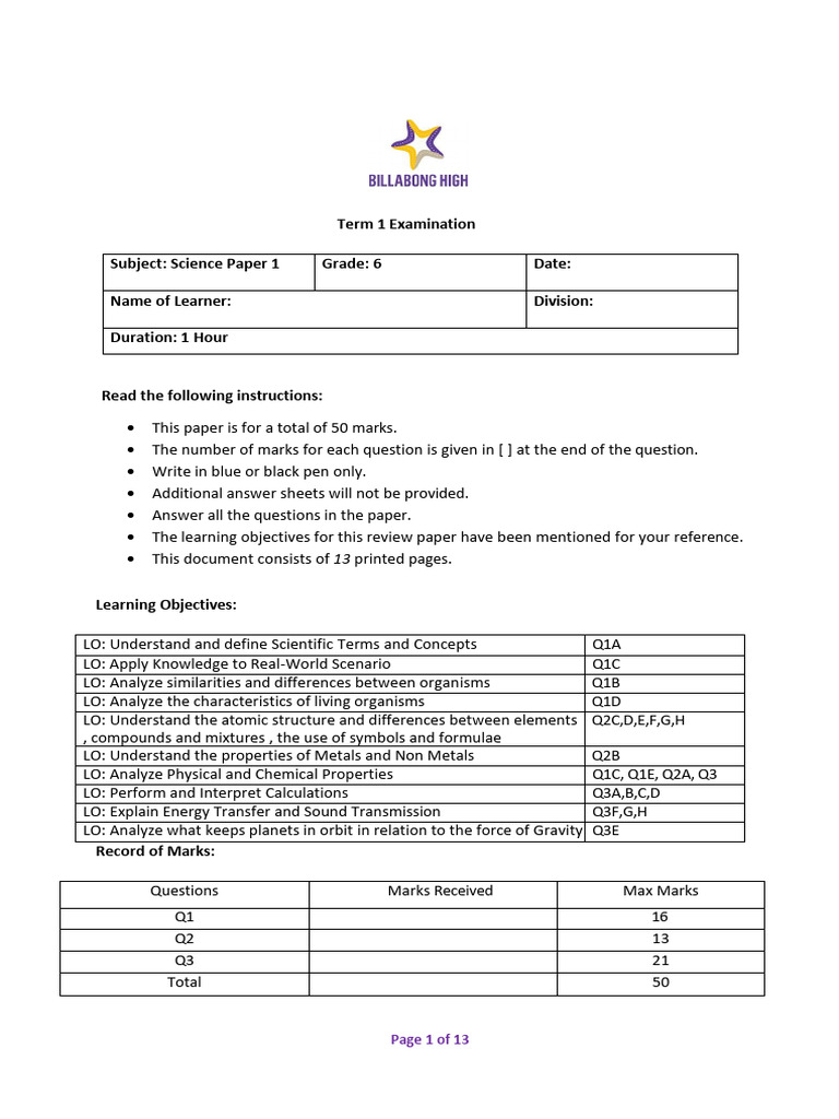 Grade 6 Science Term1 Paper 1 2024-2025 Edited | PDF | Atoms | Electron