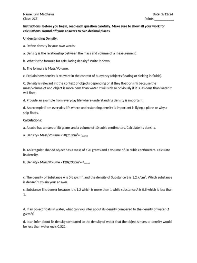 Density - Worksheet | PDF | Density | Buoyancy