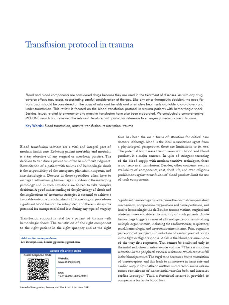 Transfusion Protocol in Trauma | PDF | Bleeding | Blood Transfusion