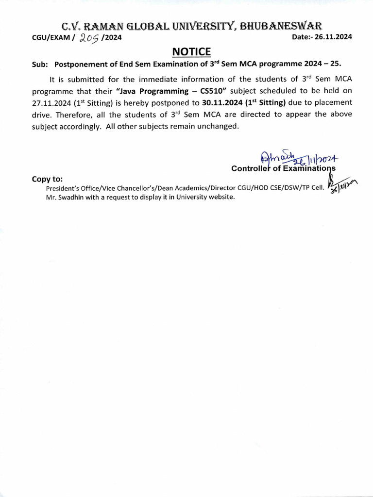 Postponement of 3rd Sem MCA End Examination 2024 25 | PDF