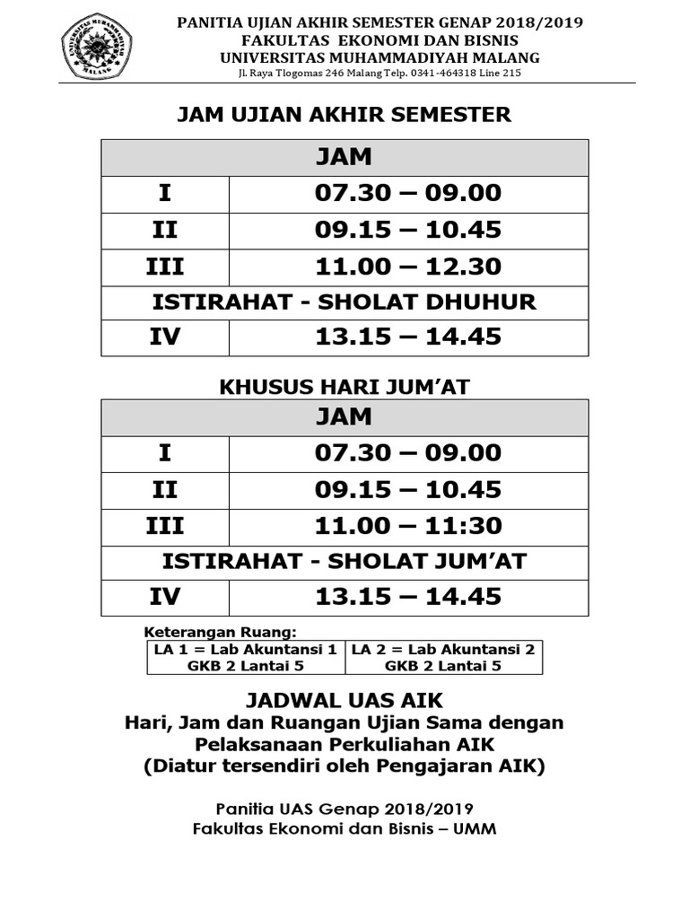 JAM UJIAN Dan AIK UAS | PDF