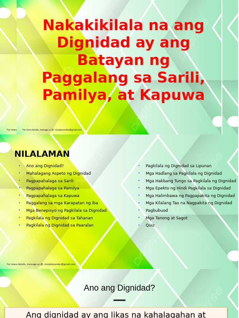 GMRC 7 Q1 2A Nakakikilala Na Ang Dignidad Ay Ang Batayan NG Paggalang Sa Sarili, Pamilya, at ...