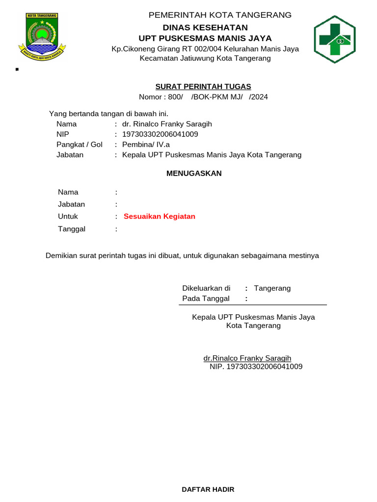 Format SPJ 2024 (SPT, Daftar Hadir, Format DOkumentasi) (1) | PDF