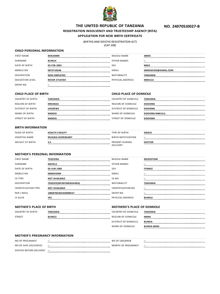 Tanzania Birth Certificate Application | PDF | Government And Personhood