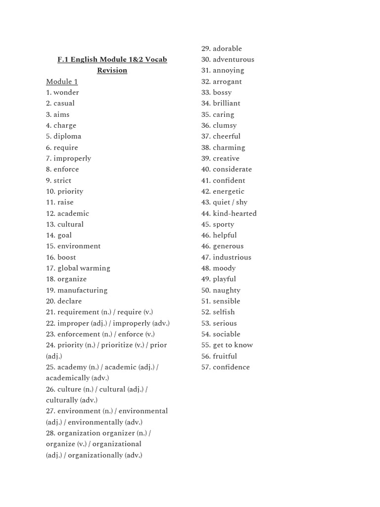 F1 English Module1&2 Vocab Revision | PDF