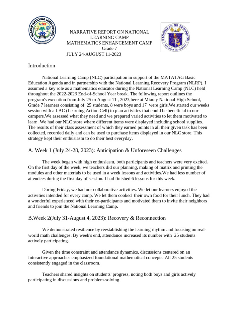 NLC-NARRATIVE-REPORT-Mathematics, ENGLISH AND SCIENCE | PDF | Teachers ...