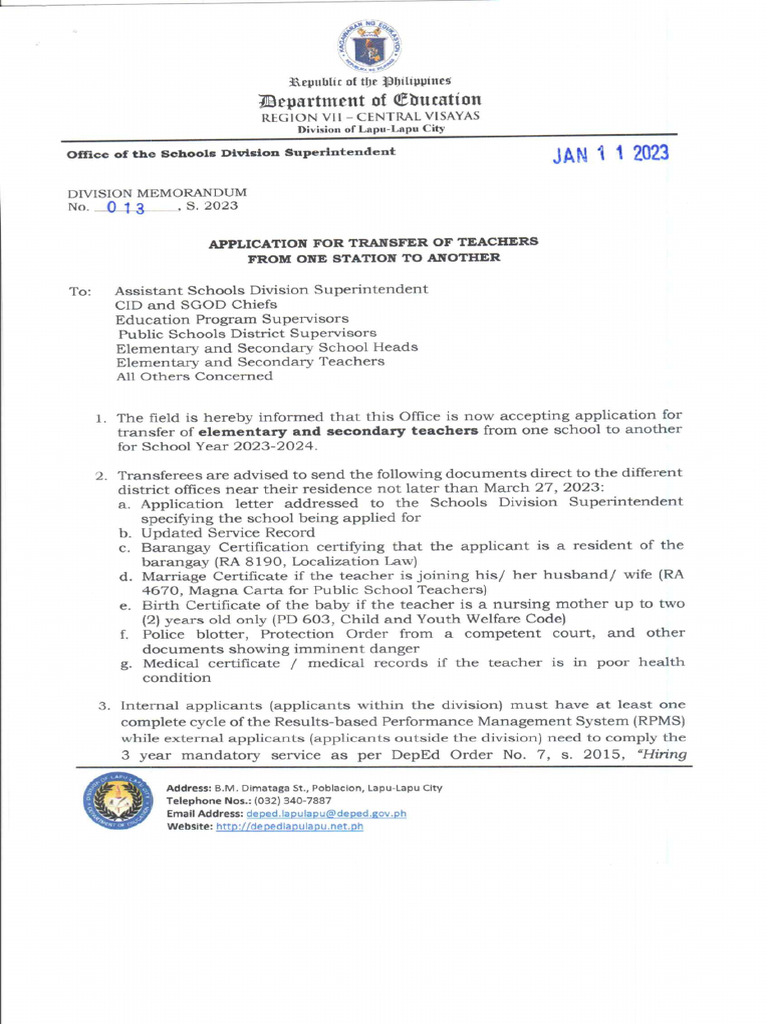 DM No. 013, s. 2023 - Application for Transfer of Teachers from One ...