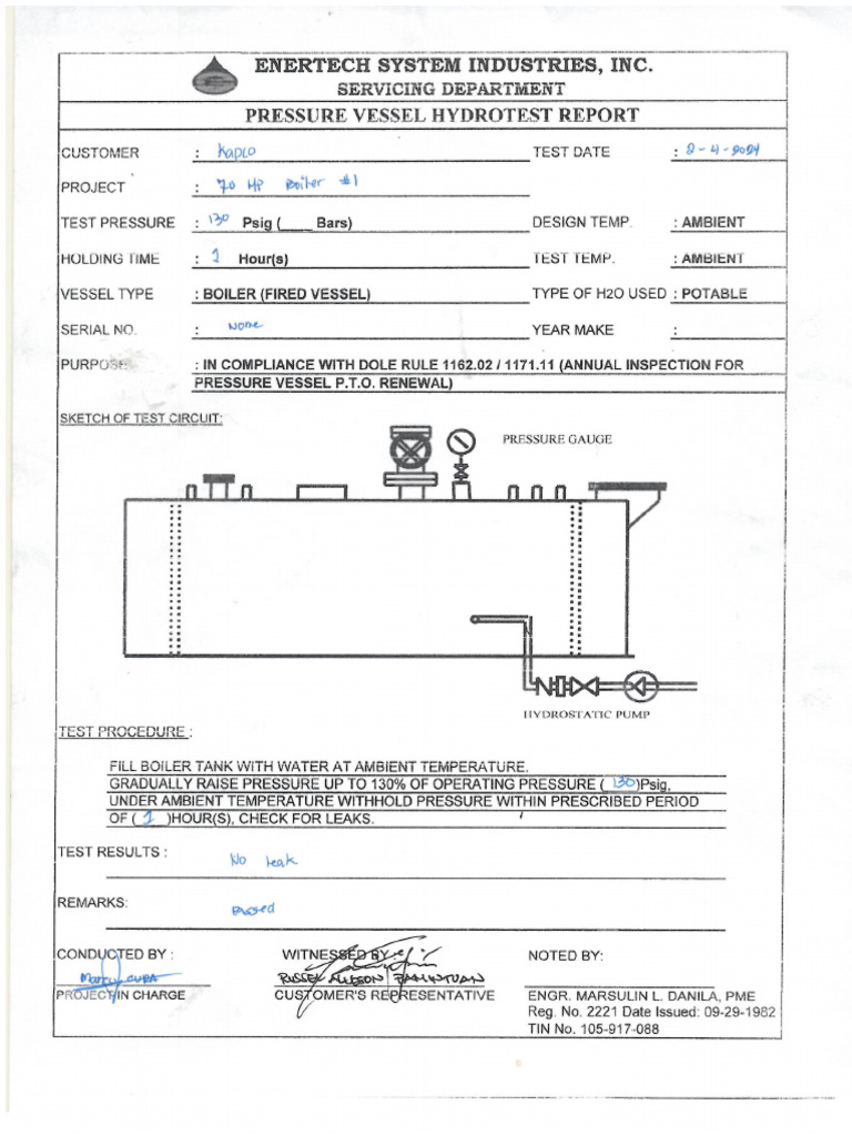 Boiler Hydrotesting Service Report | PDF
