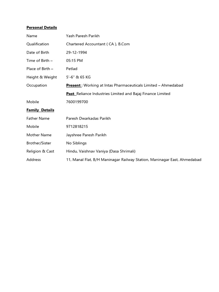 Bio Yash Parikh | PDF