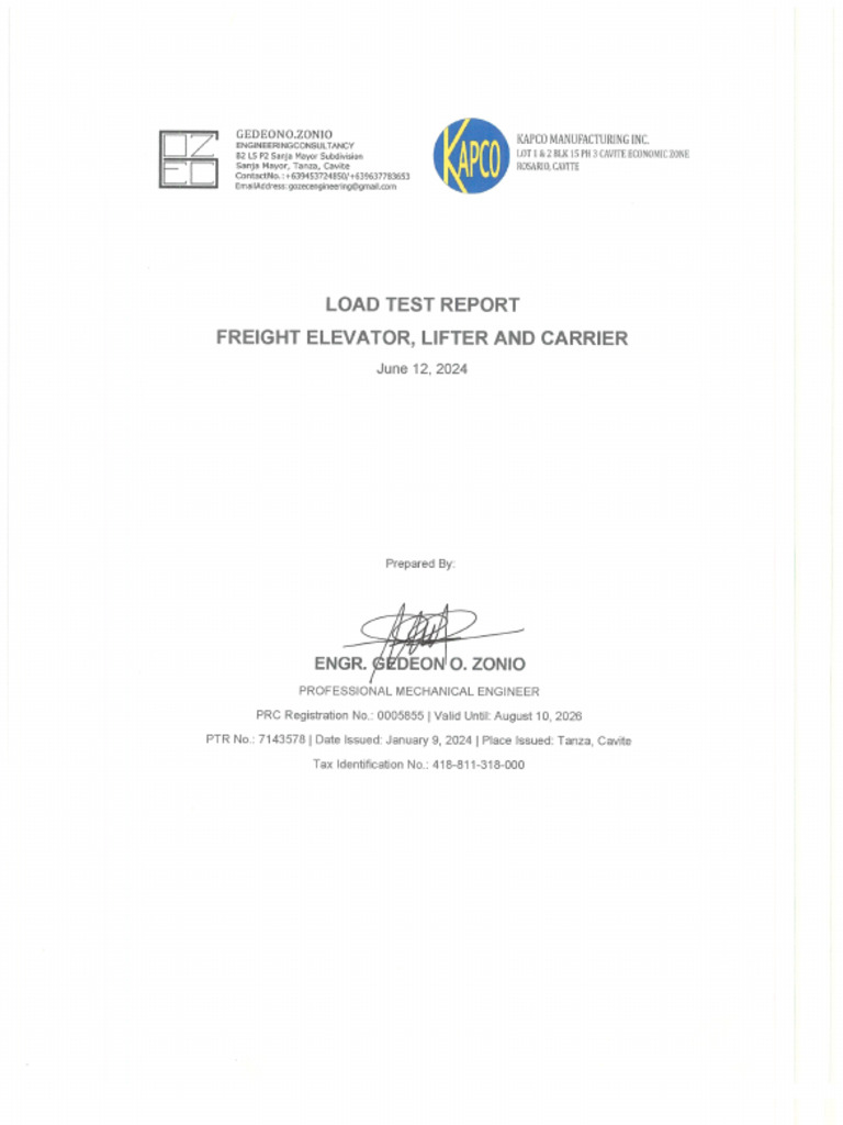 Freight Elevator, Lifter and Carrier Test Report | PDF