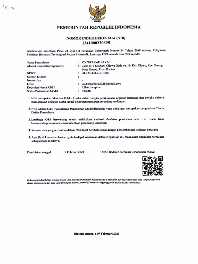 nomor induk berusaha NIB CV BERKAH JAYA | PDF